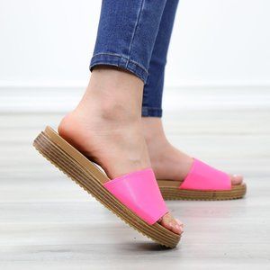 Shoes | Neon Pink Faux Leather Slip On Comfort Sandal | Poshmark